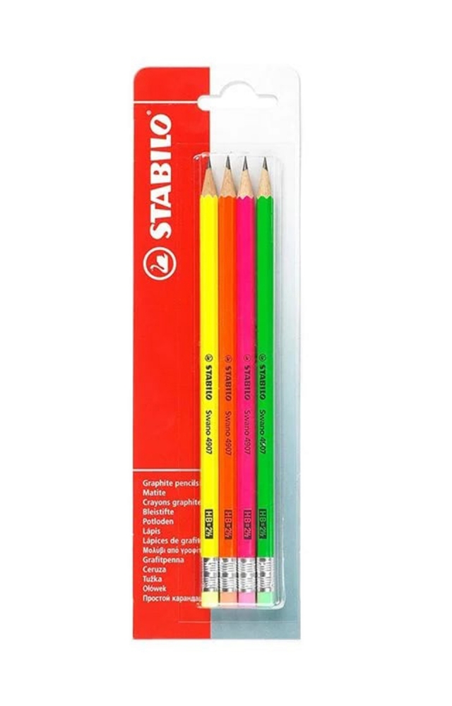Комплект моливи Stabilo - Swano fluo HB, С гума, 4 броя | kindermarket.bg