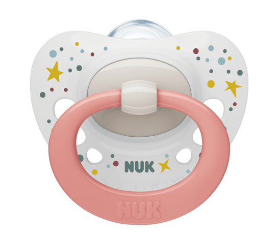 Силиконова залъгалка NUK - Signature, 0-6 месеца, Бяла с розова дръжка + кутийка за съхранение и ...